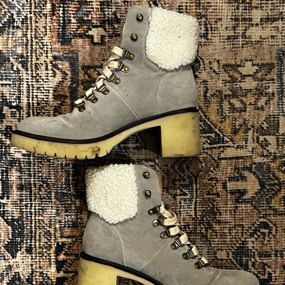 Mi.iM | Shoes | Grey Booties Fur Detailing Lace Up Chunky Heel | Poshmark